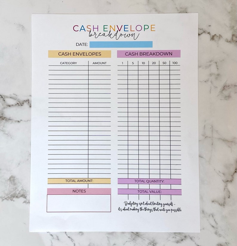 Printable Cash Envelope Breakdown Sheet Printable Cash Denomination ...