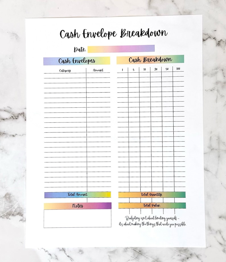 Printable Cash Envelope Breakdown Sheet Printable Cash Denomination ...