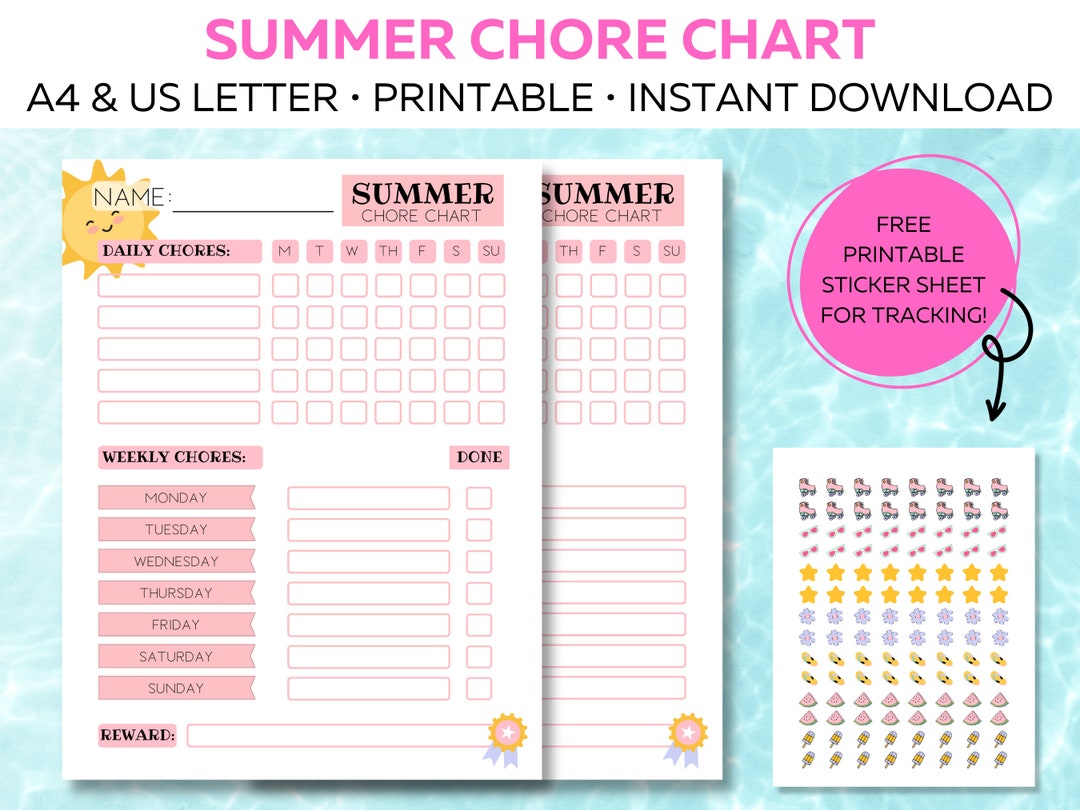 Summer Chore Chart Printable, Chore Chart, Kids Chore Chart, Pink Chore ...