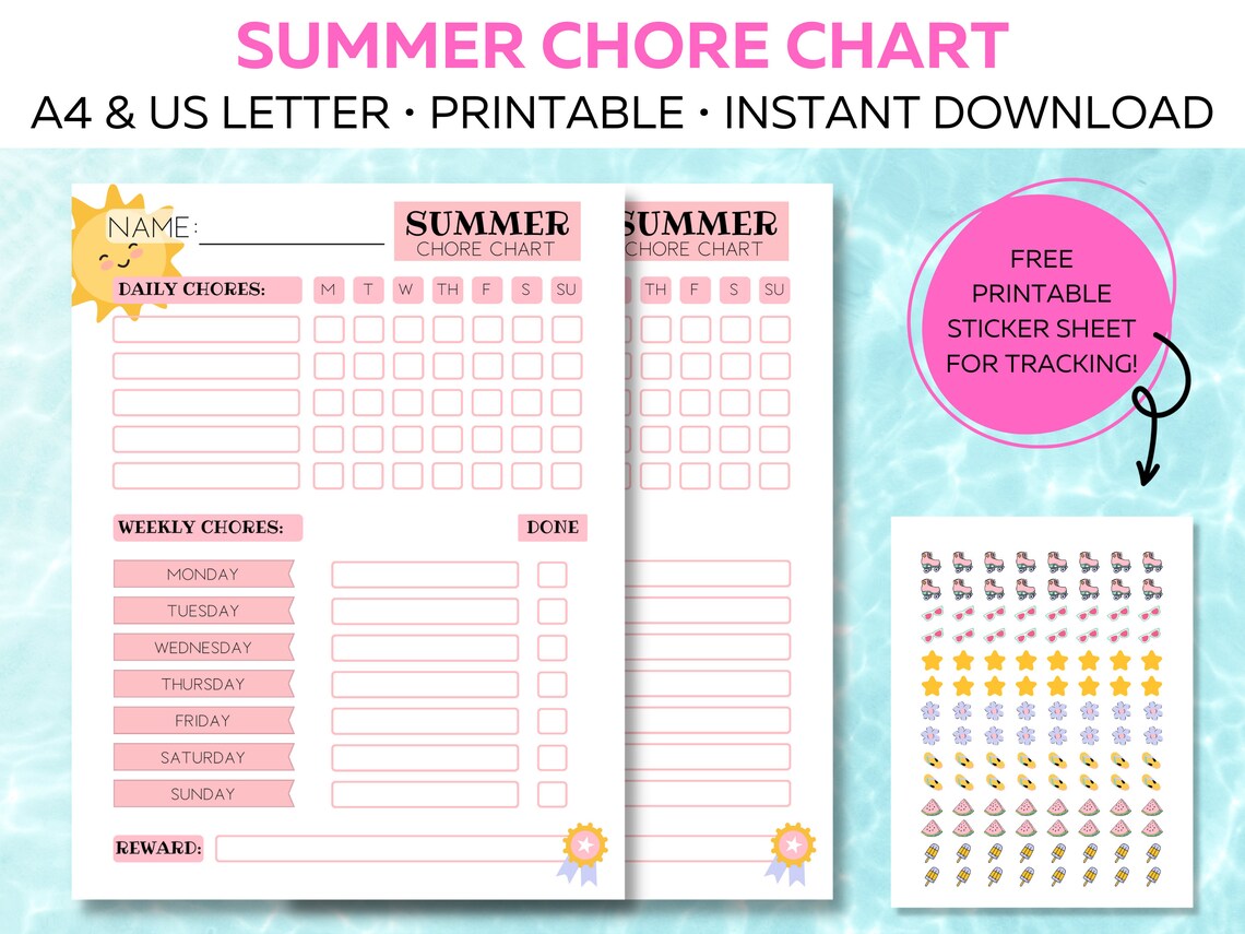 Summer Chore Chart Printable, Chore Chart, Kids Chore Chart, Pink Chore ...