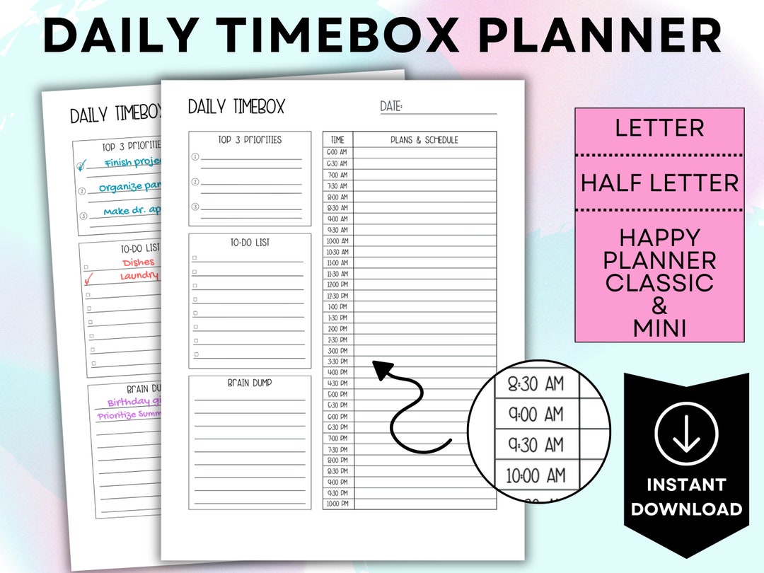 Daily Time Tracker Printable Planner Insert, Daily Timebox Planner ...