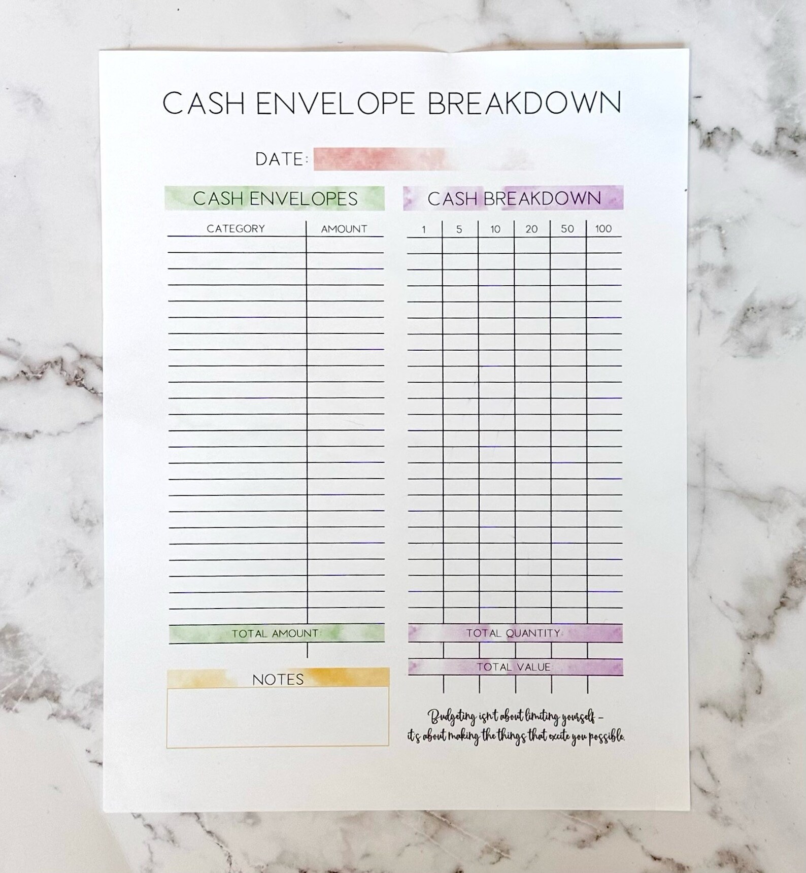 Printable Cash Envelope Breakdown Sheet Printable Cash Denomination ...