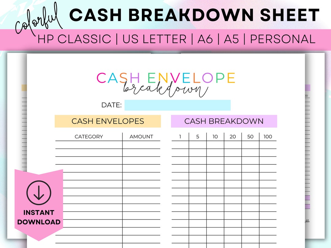 Printable Cash Envelope Breakdown Sheet Printable Cash Denomination ...