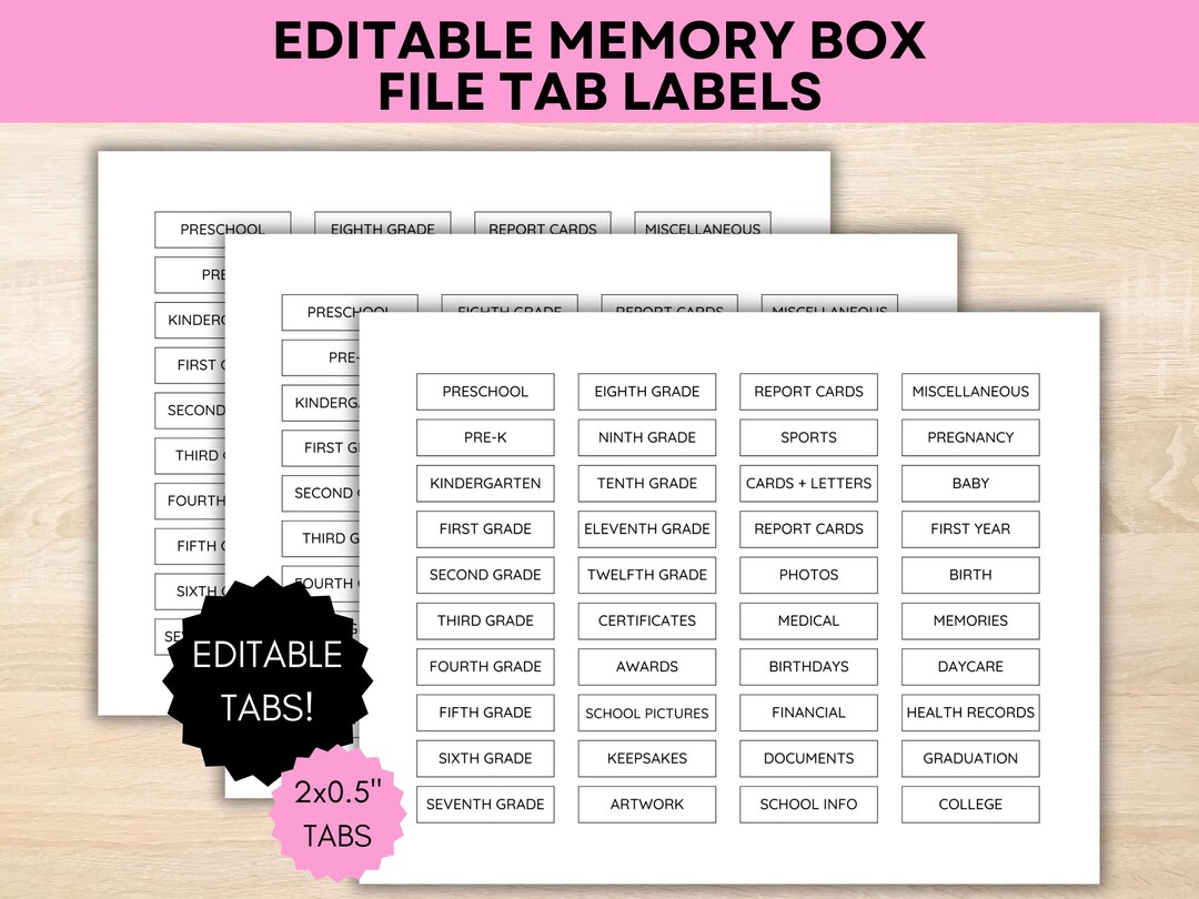 Editable Memory Box File Tab Labels Memory Box Labels Kids Keepsake Box ...