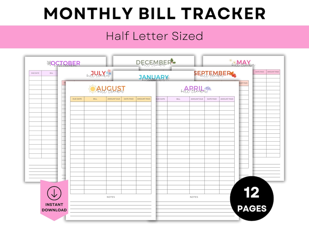 Printable Monthly Bill Tracker Printable Planner Inserts Printable Bill ...