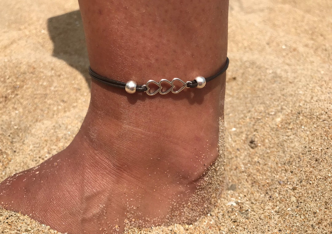 Leather Anklet, Adjustable Anklet, Hearts Anklet, Beach Jewelry ...