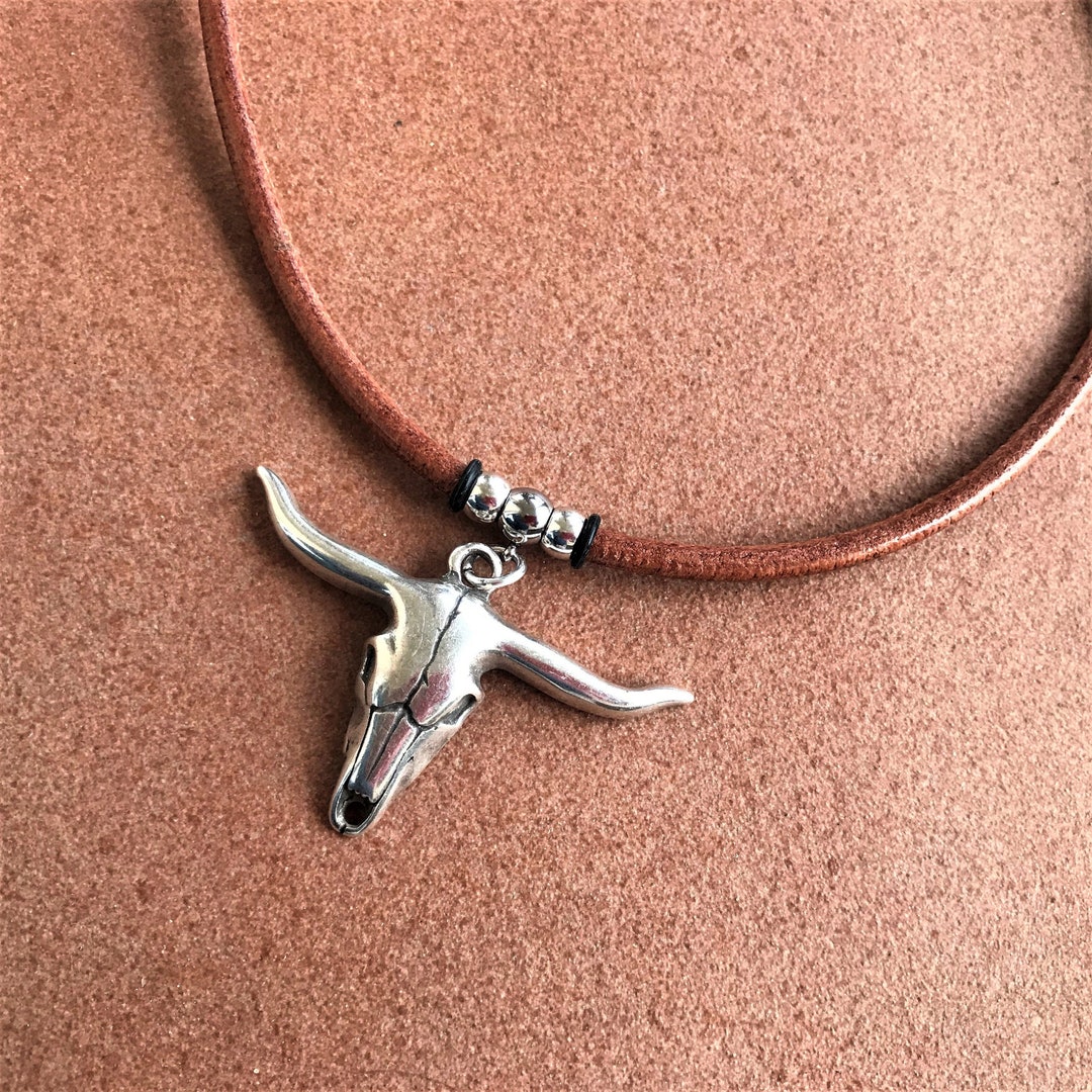 Bull Skull Necklace, Choker for Men, Rodeo Jewelry, Short Necklace ...