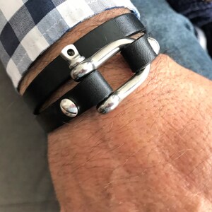 Mens Stainless Steel Shackle Bracelet, Leather Wrap Bracelet, Bold Geo ...