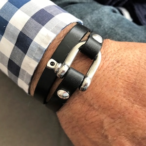 Mens Stainless Steel Shackle Bracelet, Leather Wrap Bracelet, Bold Geo ...