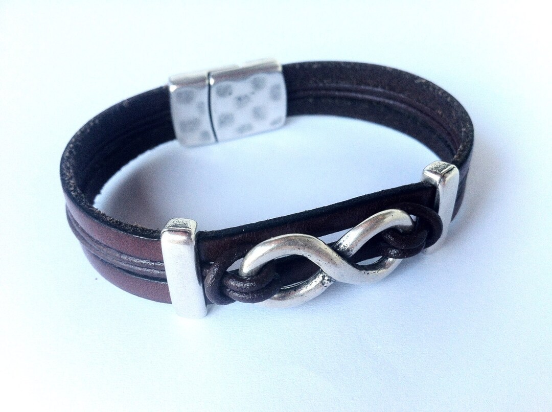 Men's Brown Leather Infinity Bracelet, Personalized Zamak Clasp - Etsy