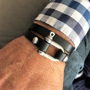 Mens Stainless Steel Shackle Bracelet, Leather Wrap Bracelet, Bold Geo ...