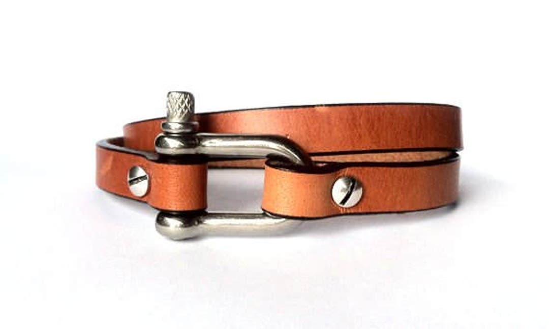 Mens Stainless Steel Shackle Bracelet, Leather Wrap Bracelet, Bold Geo ...