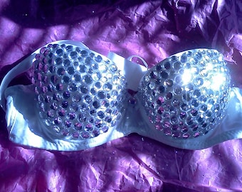 Fully hand jeweled WHITE Bra front and back