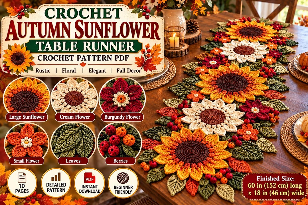 Crochet Autumn Sunflower Table Runner Pattern, Fall Floral Table Decor ...