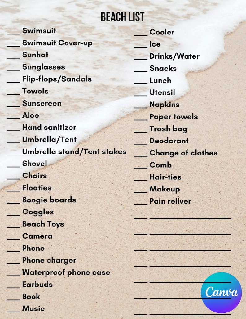 Beach Day Vacation Packing List - Instant Printable Download for Fun in ...