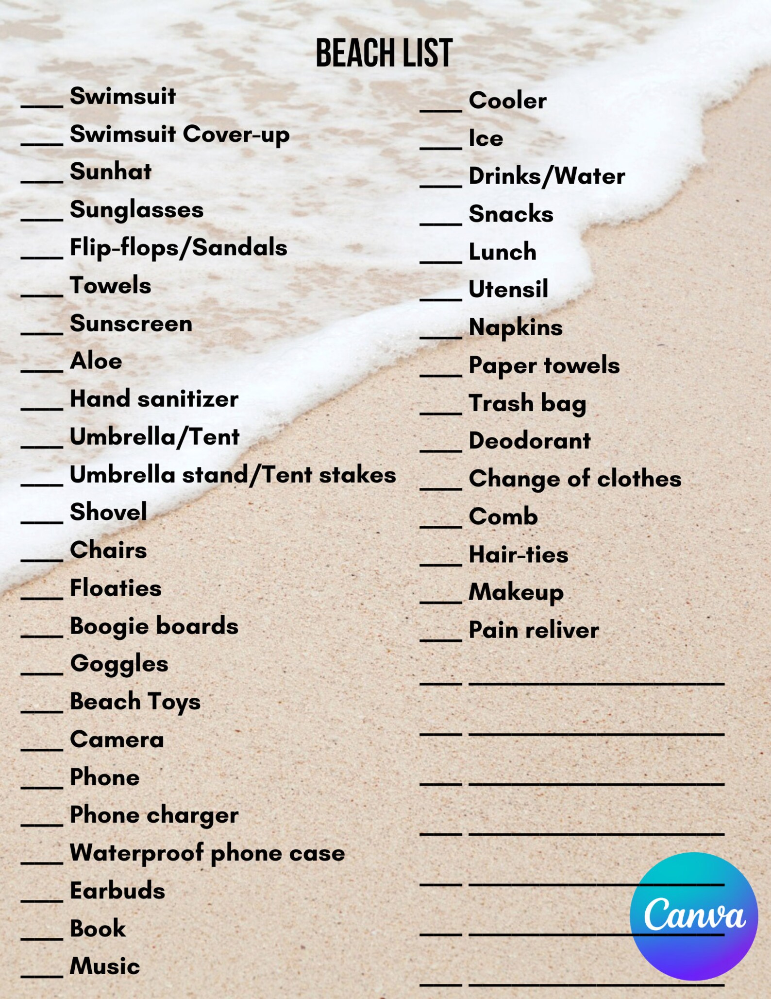 Beach Day Vacation Packing List Instant Printable Download | Etsy