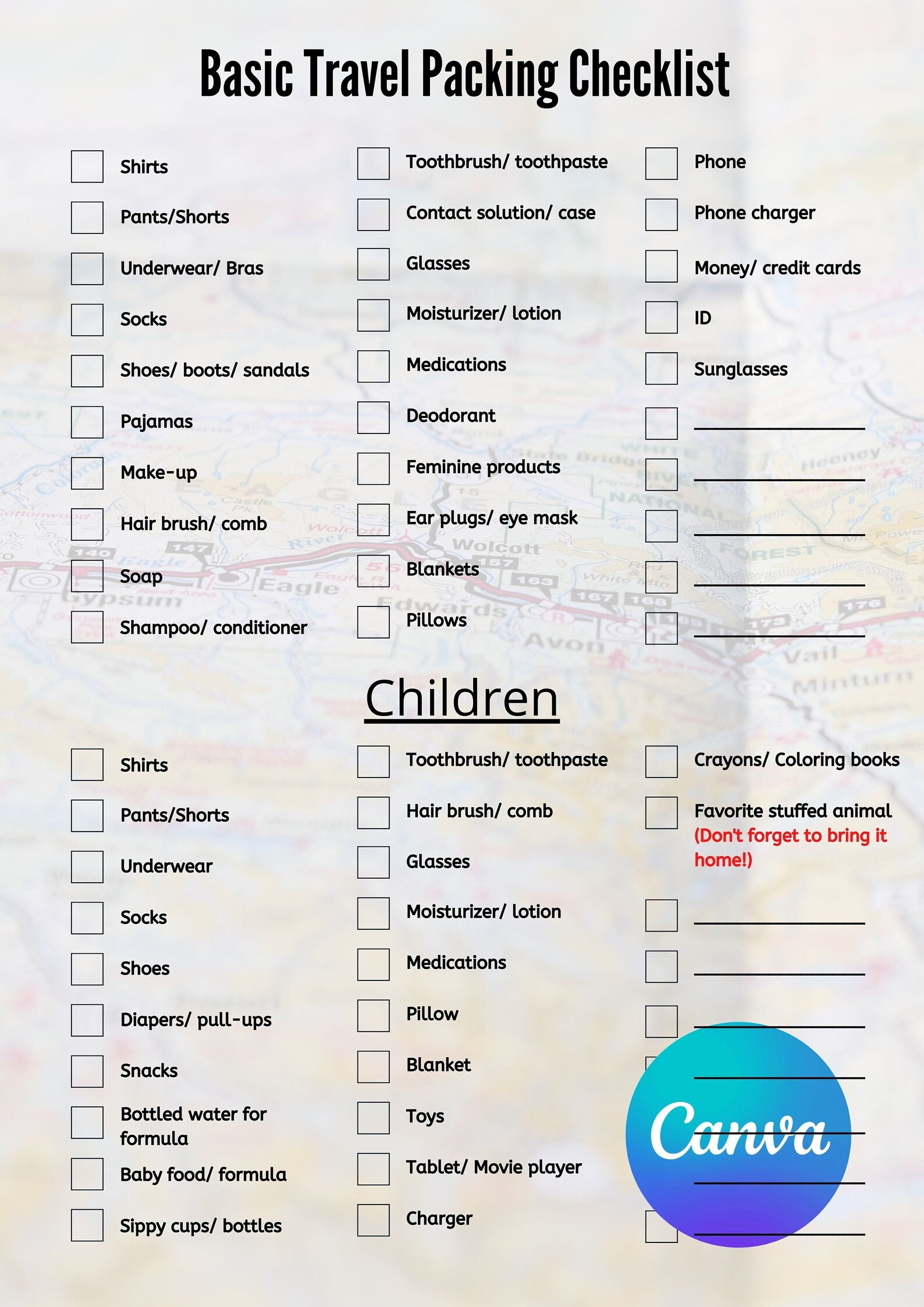 Basic Travel List Including Children - Etsy