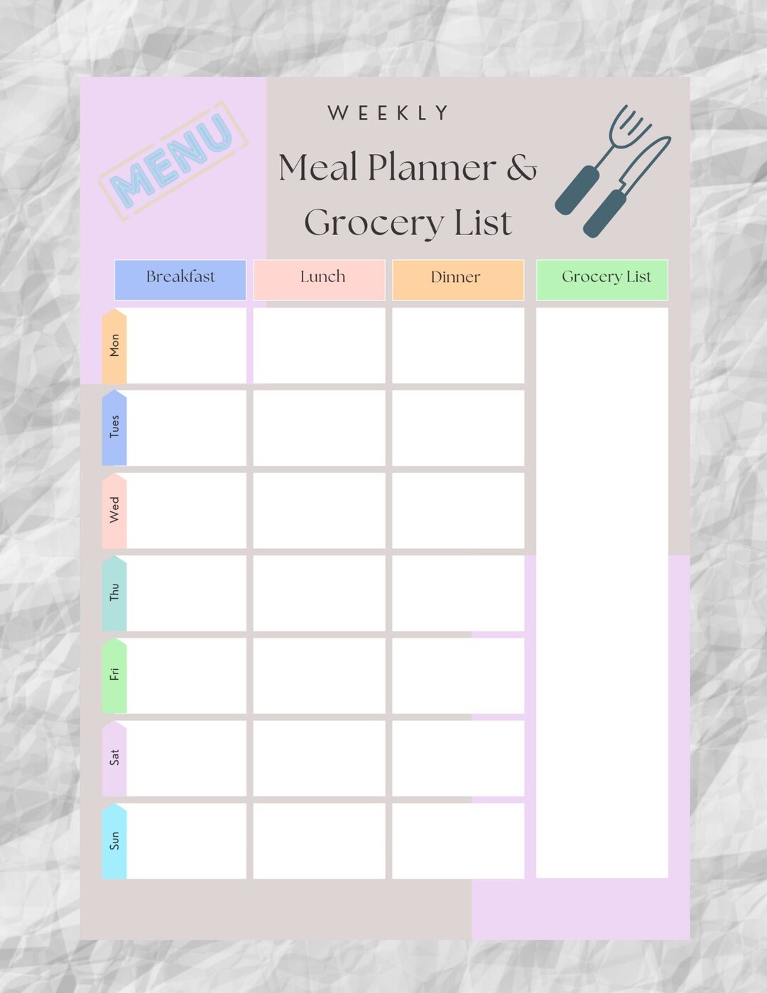 Weekly Meal Planner & Grocery List Breakfast Lunch Dinner - Etsy