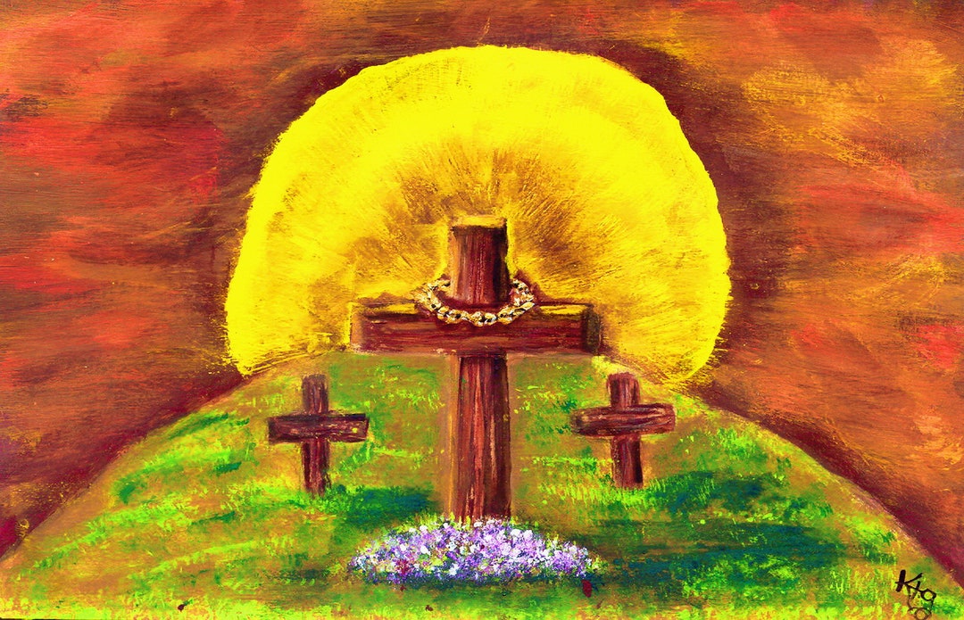 Greeting Card, Easter Hill, Hand Painted, Free Personalization, Crosses ...