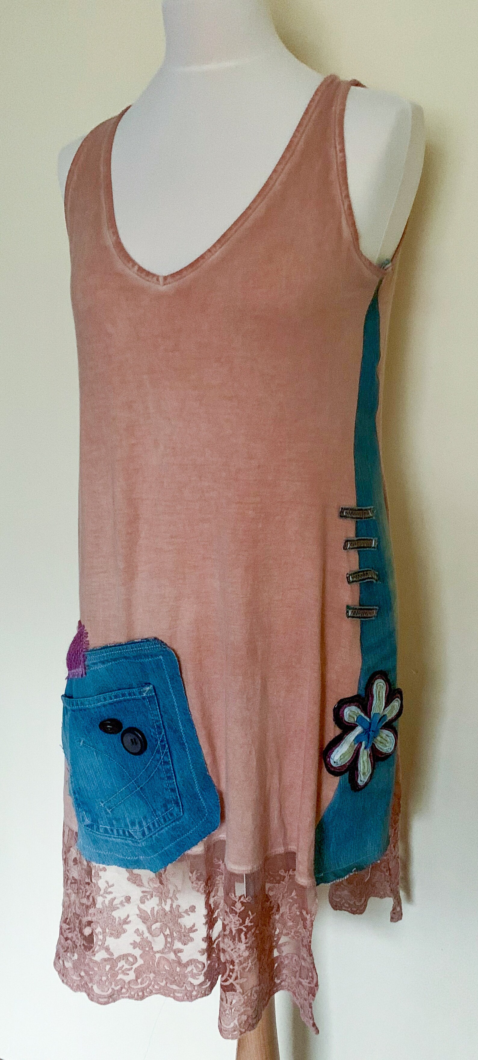 Upcycled Boho Dress M/L, Bohemian Style Clothing, Recycled Denim Dress ...