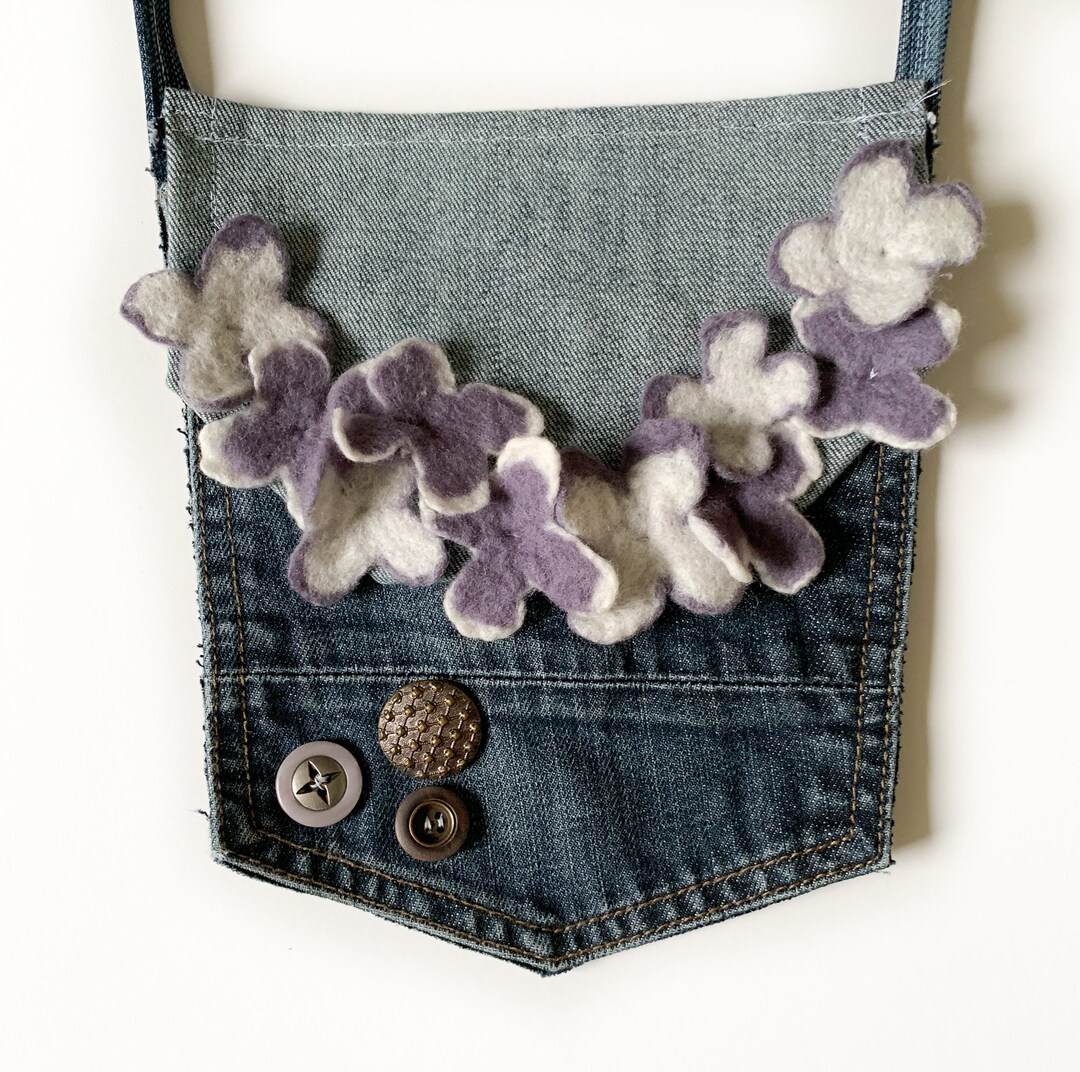Upcycled Denim Bag, Recycled Denim Pocket, Felted Flowers Festival Bag ...
