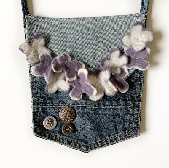 Upcycled Denim Bag Recycled Denim Pocket Felted Flowers | Etsy