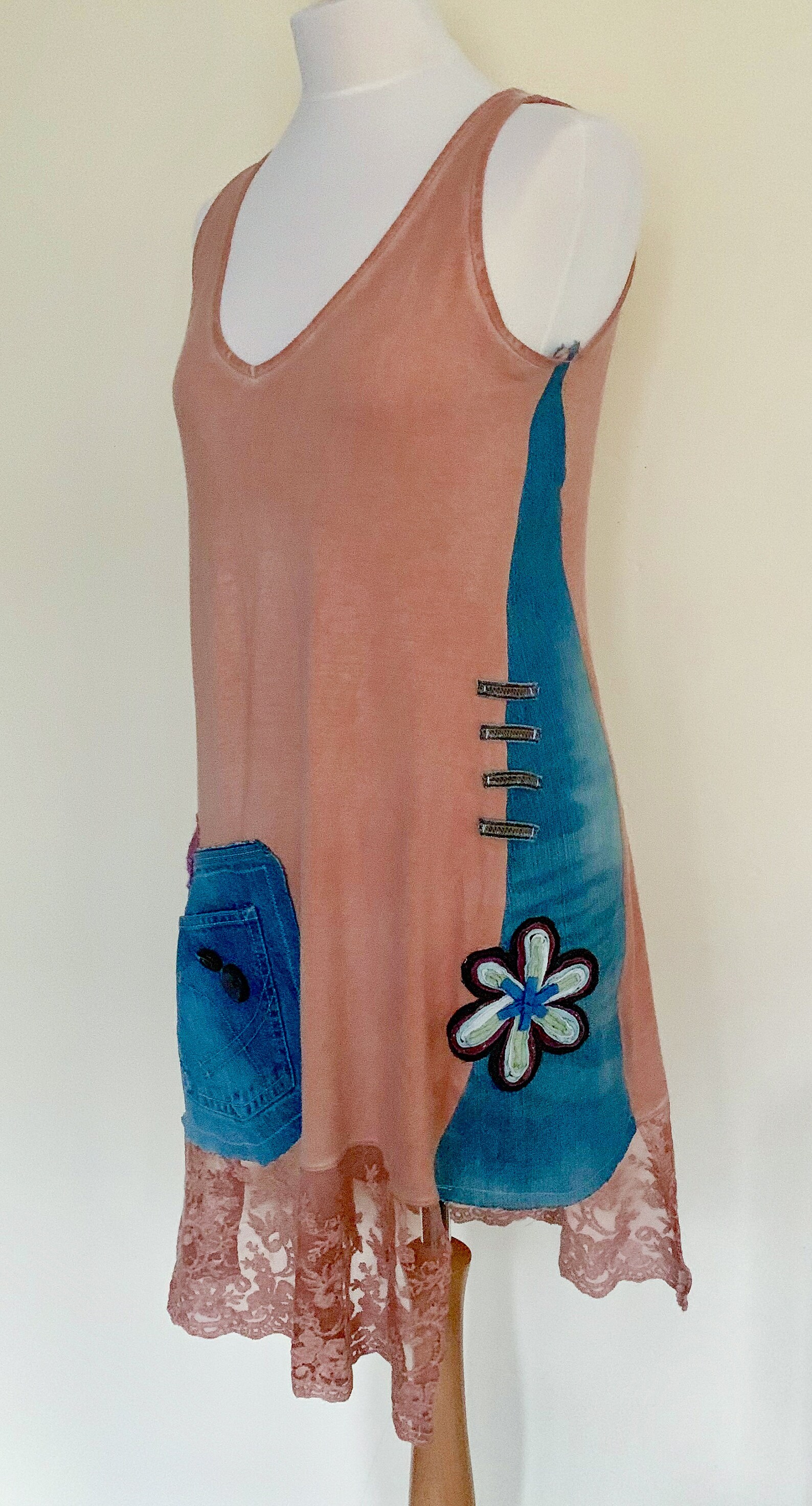Upcycled Boho Dress M/L, Bohemian Style Clothing, Recycled Denim Dress ...