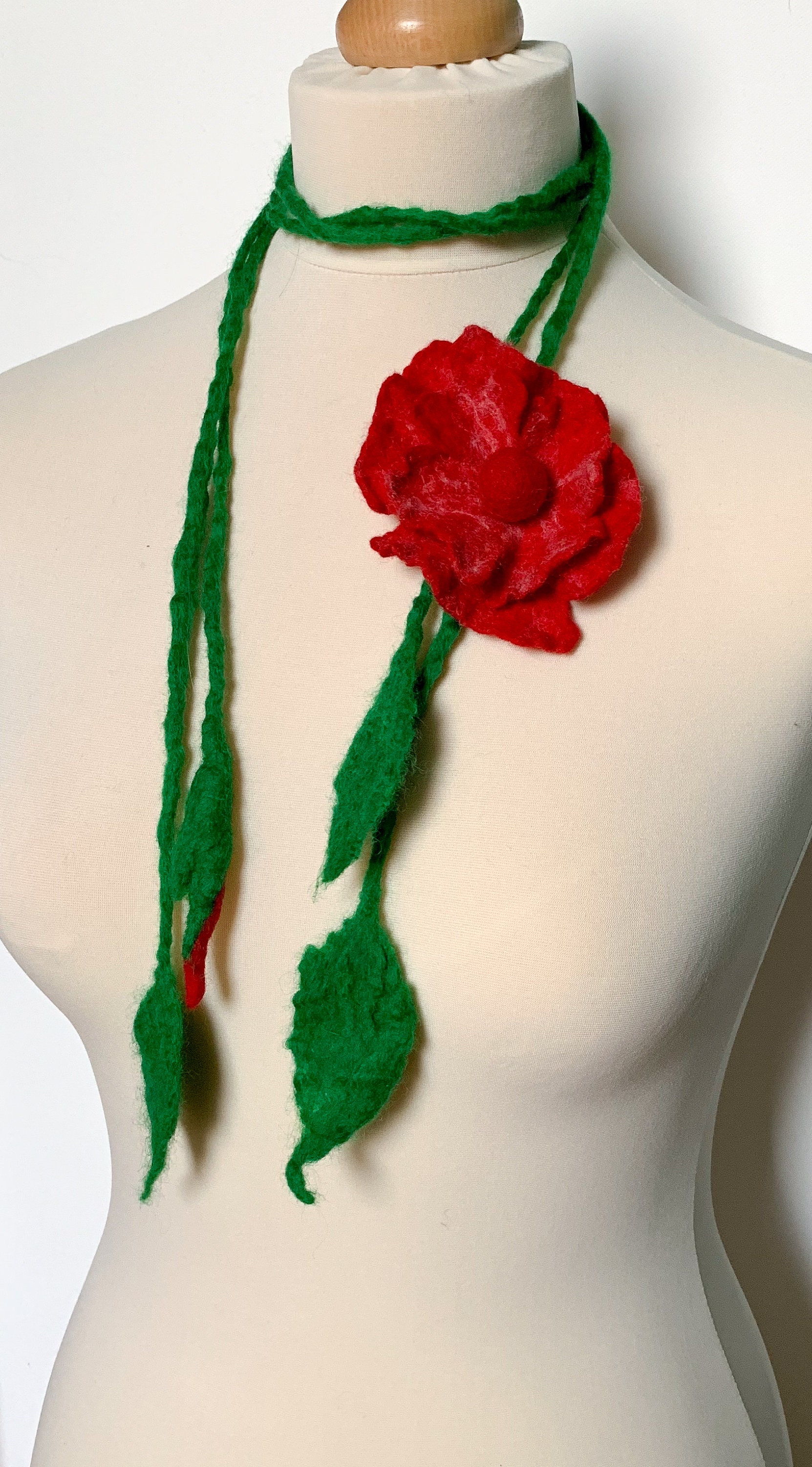 Necklace Scarf With Flower, Felt Scarf, Red Wool Flower Cord, Floral ...