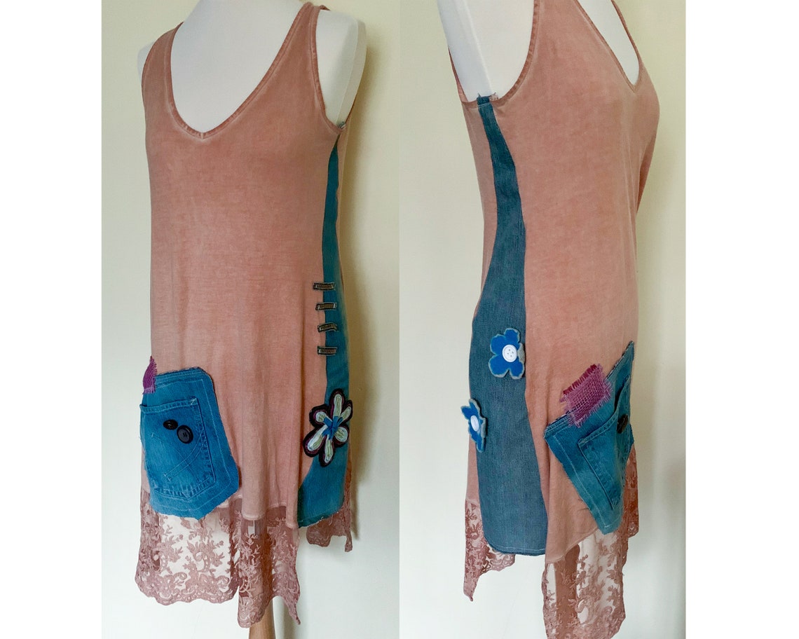 Upcycled Boho Dress M/L, Bohemian Style Clothing, Recycled Denim Dress ...