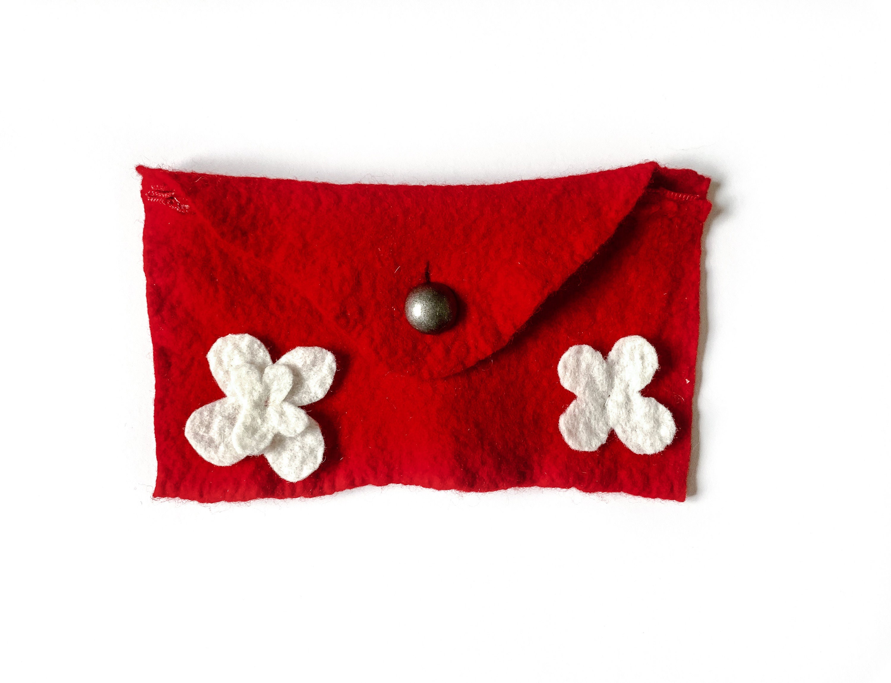Felted Pouch, Red Felted Small Bag With Flower Decoration, Zipper ...