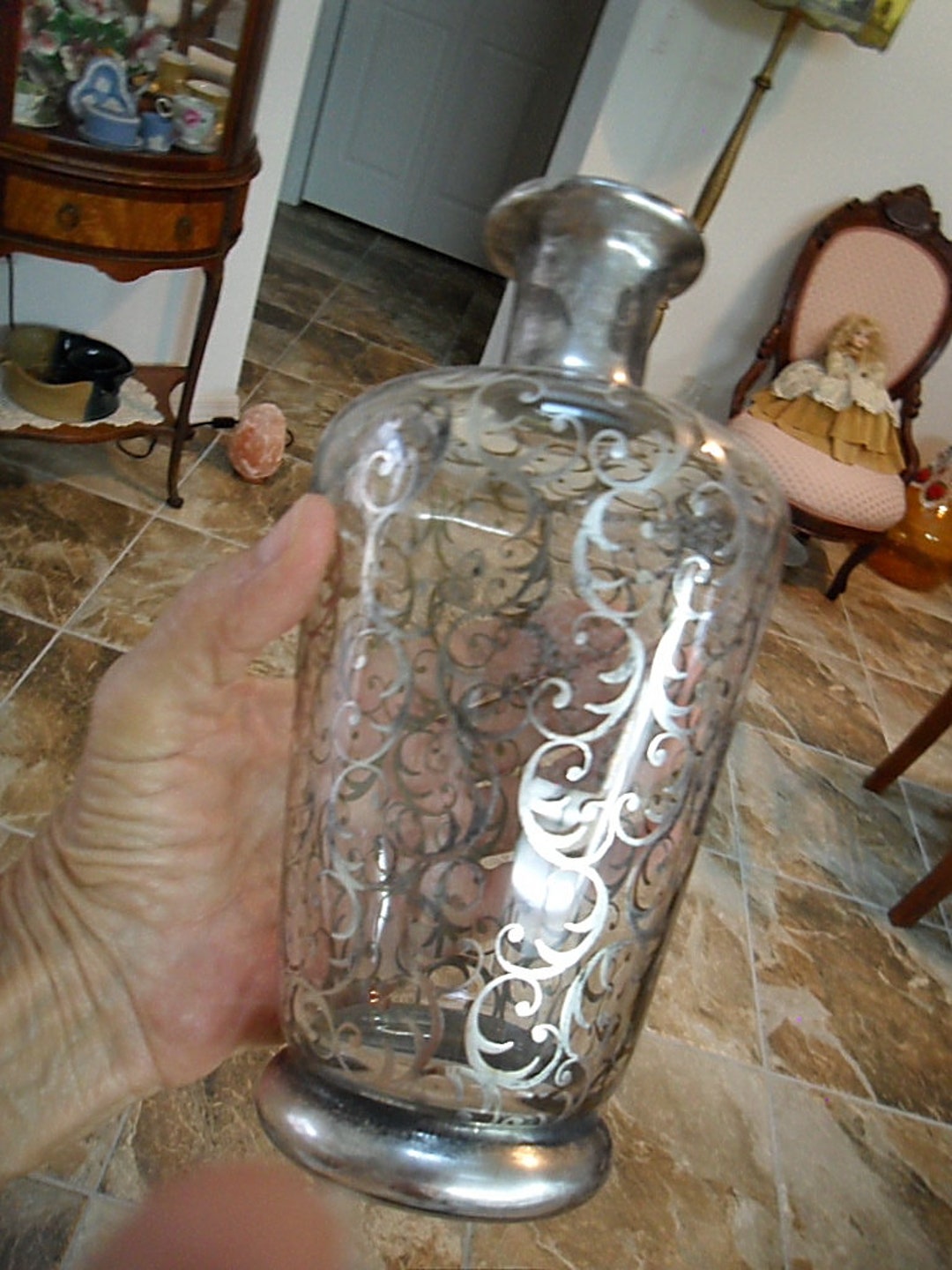 Antique Art Nouveau Silver Overlay Crystal WINE DECANTER SET 3 Matching ...