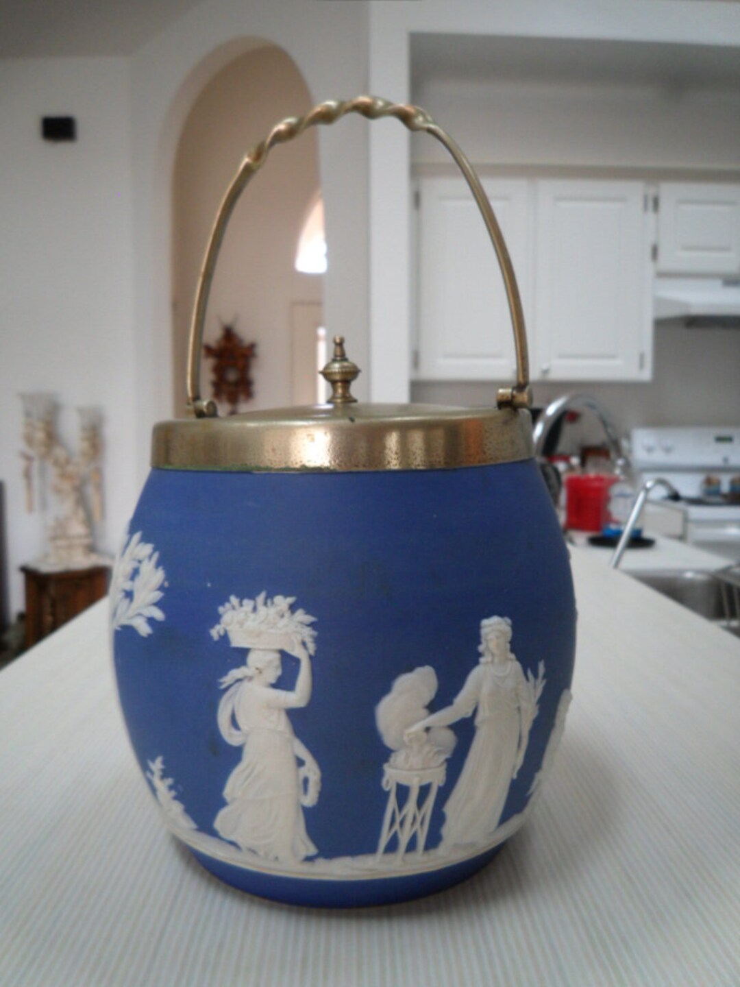 Antique 1920s Wedgwood Dark Blue Jasper Ware Biscuit Jar Rare Greek ...