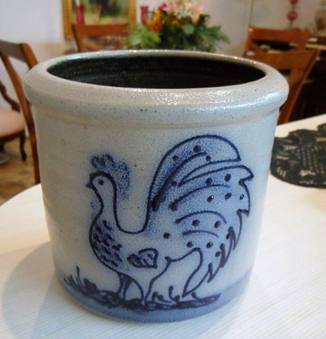 Vtg. Rowe Pottery Works, Salt Glazed Crock Rooster 1992, No. 22, 5"" C ...