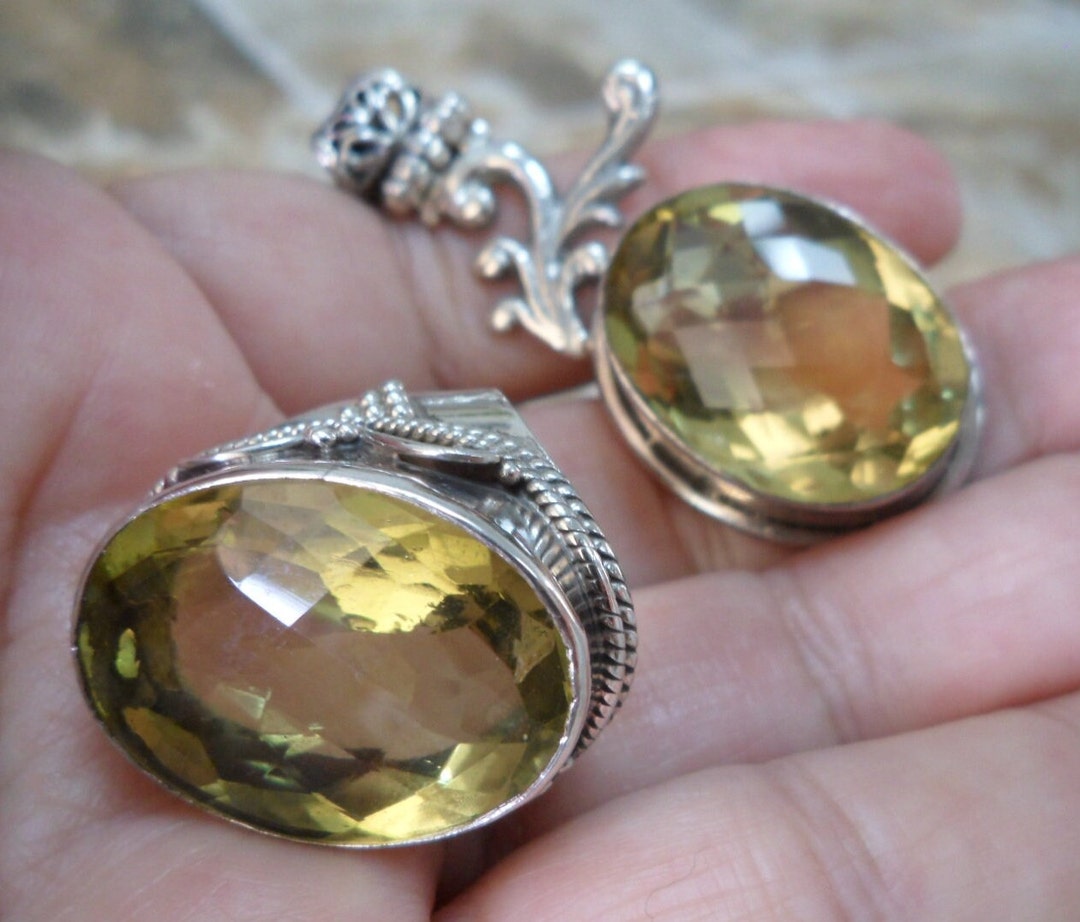 Huge Natural Gem LEMON TOPAZ Checker Cut Sterling Silver Pendant; 40cts ...