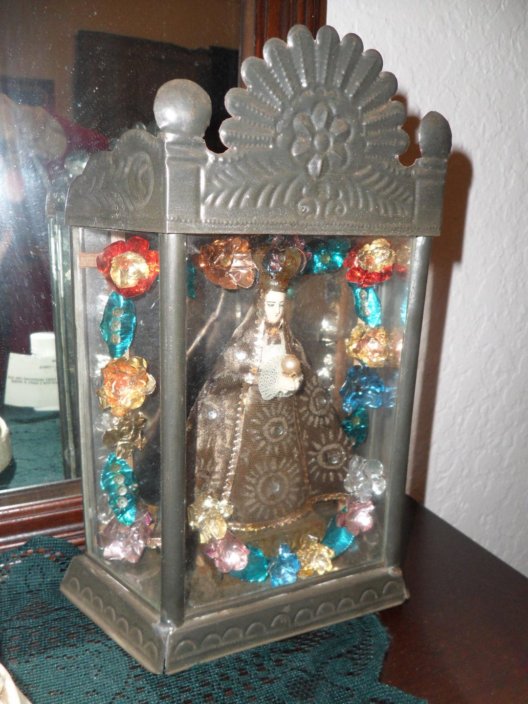 Antique Mexican Nicho Shadow Box: Virgin of Guadalupe, Tin Folk Art ...