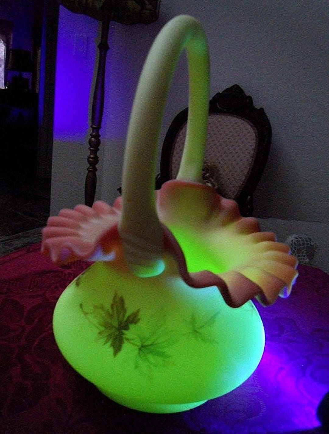 Vintage Fenton Burmese Uranium Glass Basket: Hand-painted Autumn Leaves ...