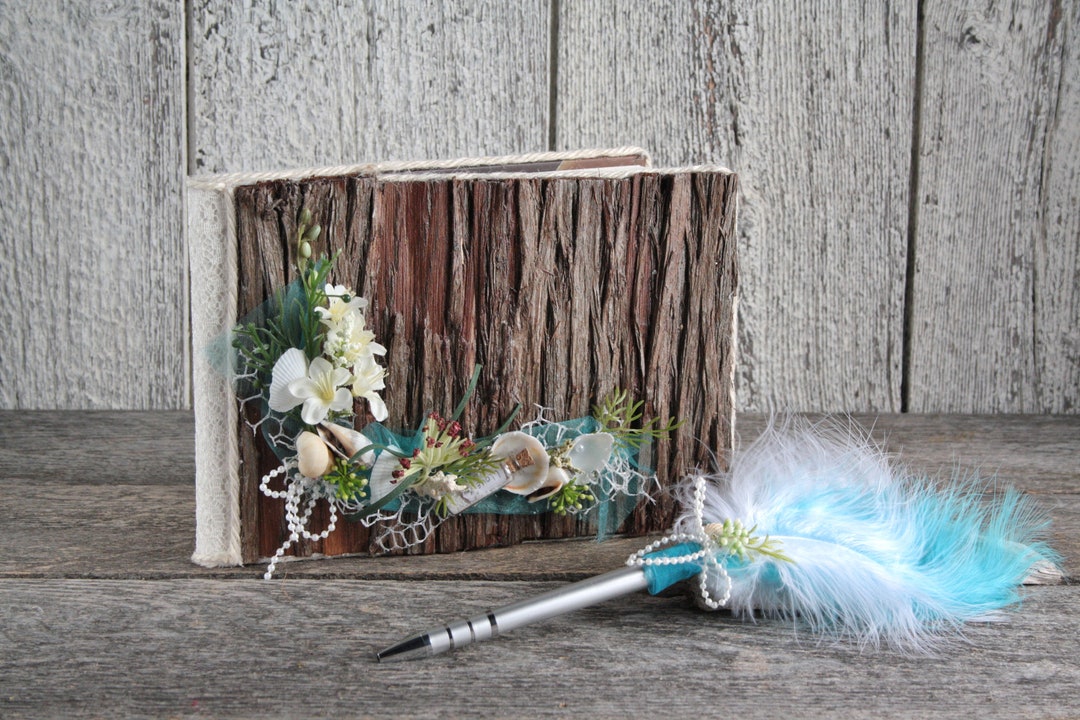 Sea Shell Turquoise Wooden Guest Book With Pen Set for a Wedding at the ...