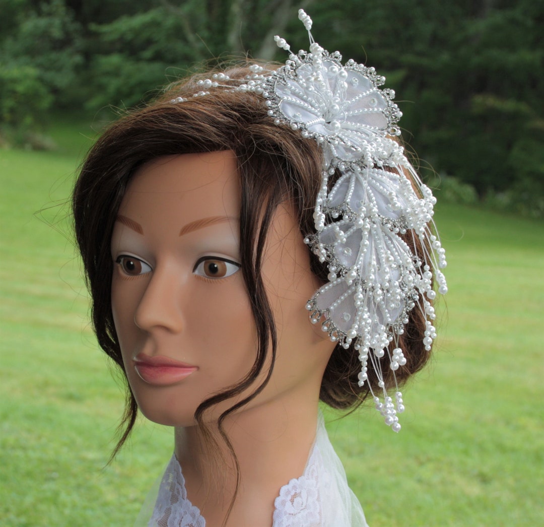 VINTAGE Beaded Bridal Tiara Headpiece With Pearls Cascade on Clear ...