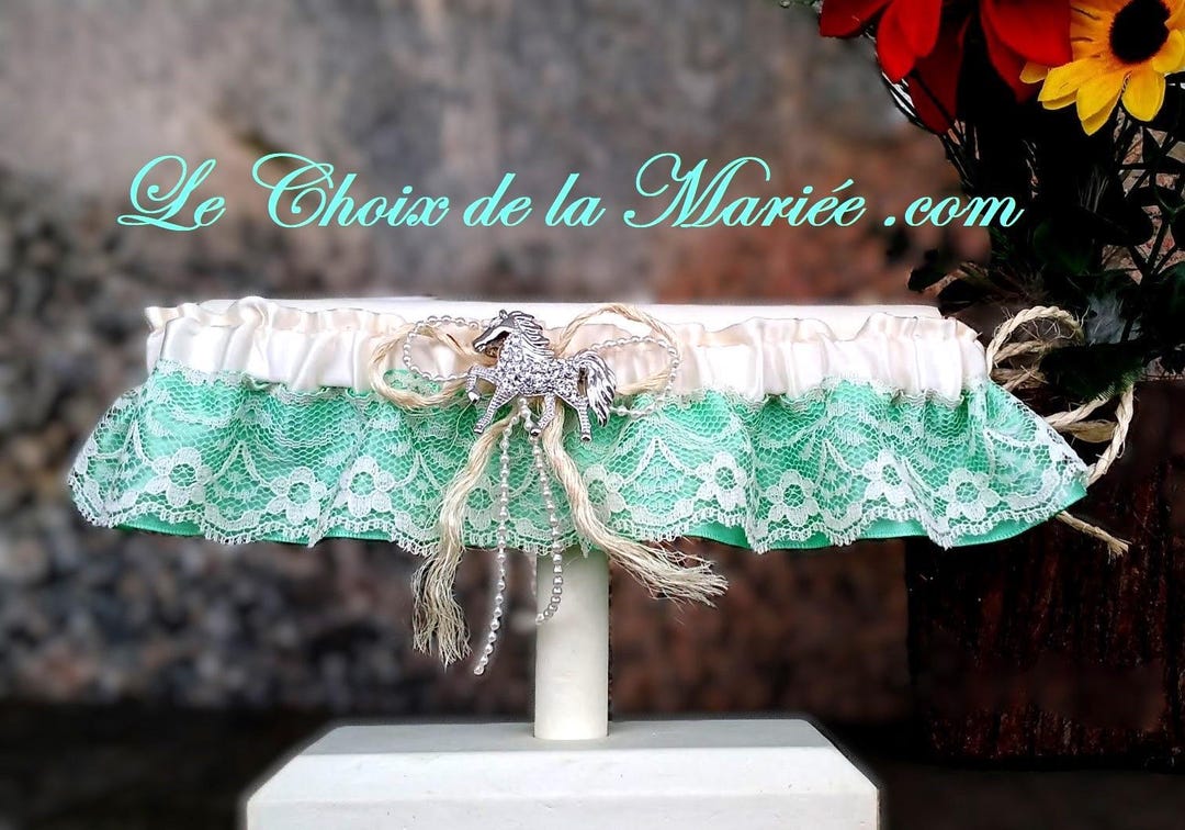 Country Wedding Garter, Ivory Lace, Mint Green Satin, Rhinestone Horse ...