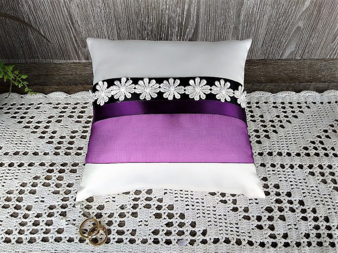Ivory Satin and Purple Plum Organza Ring Pillow With Embroidered and ...