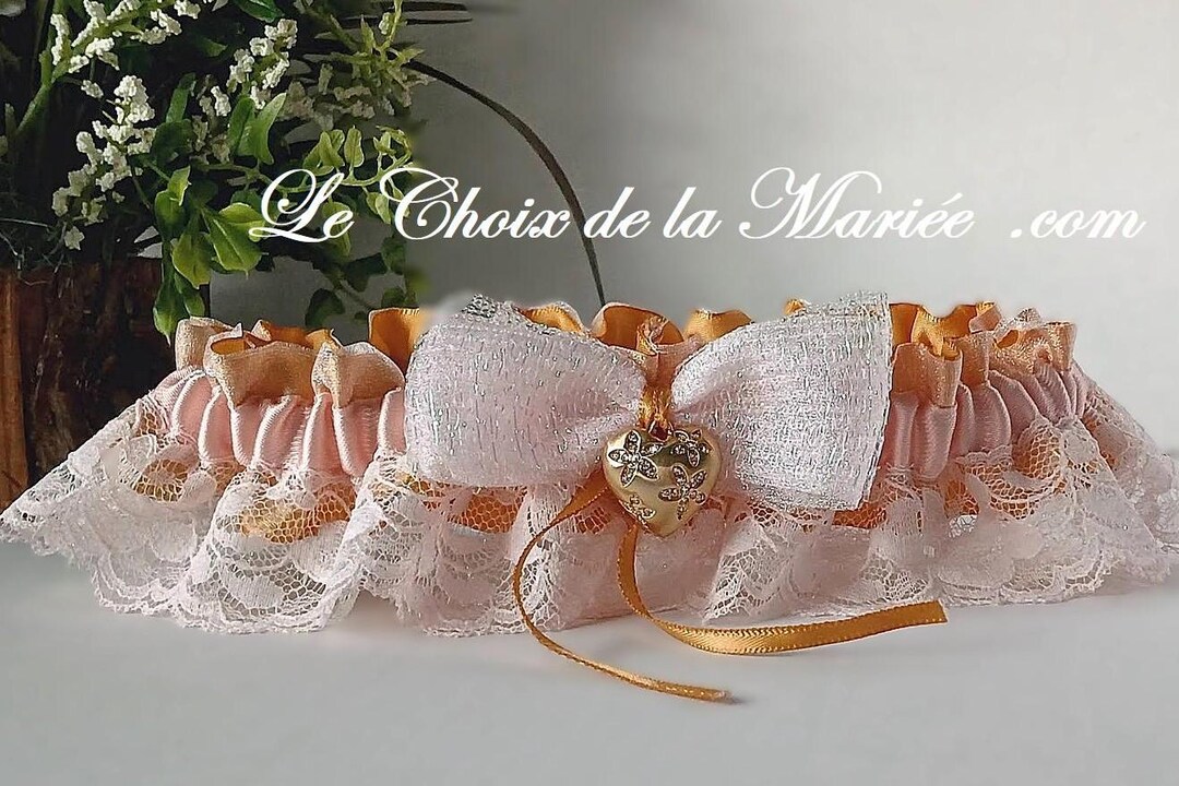 Chic Wedding Garter in Pink and Gold Lace, Featuring a Sparkling Bow ...