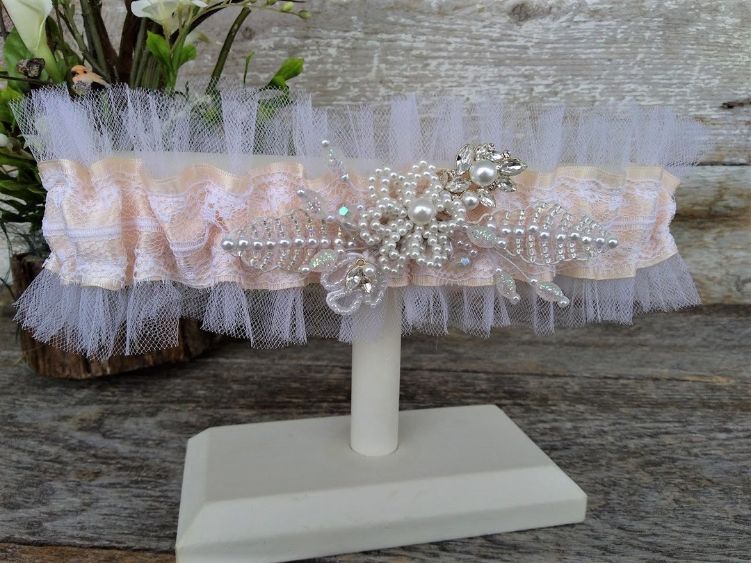 Blush Satin and White Lace Tulle Garter for a Chic Wedding Decorated ...