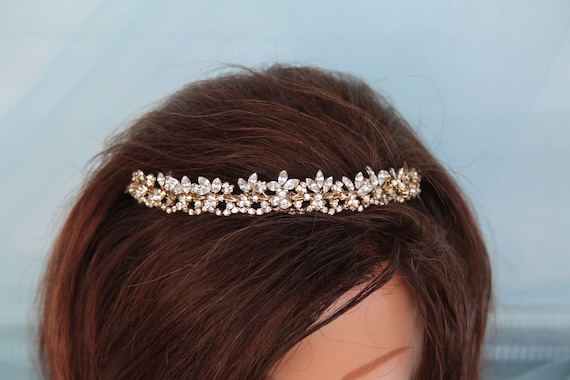 Gold Wedding Diadem with Rhinestones, Dazzling bridal… - Gem