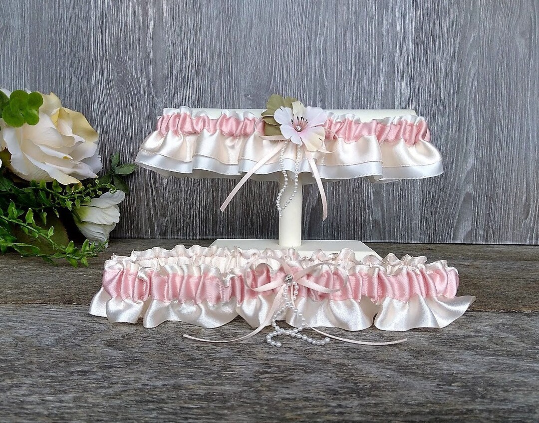 Blush and Ivory Wedding Garter Set, Satin Lingerie , Shabby Chic ...