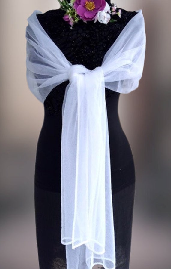 Silky white tulle wedding shawl, Evening scarf and ba… - Gem