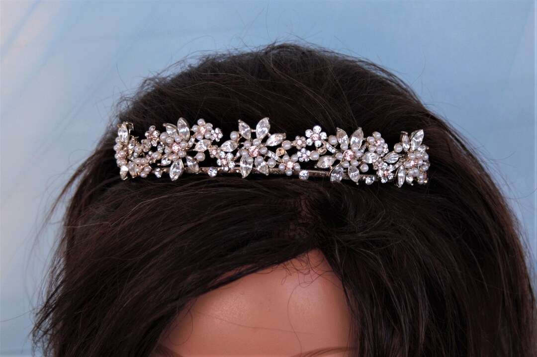 Gold Wedding Diadem Adorned With Clear Rhinestones, Blush Accents, and ...