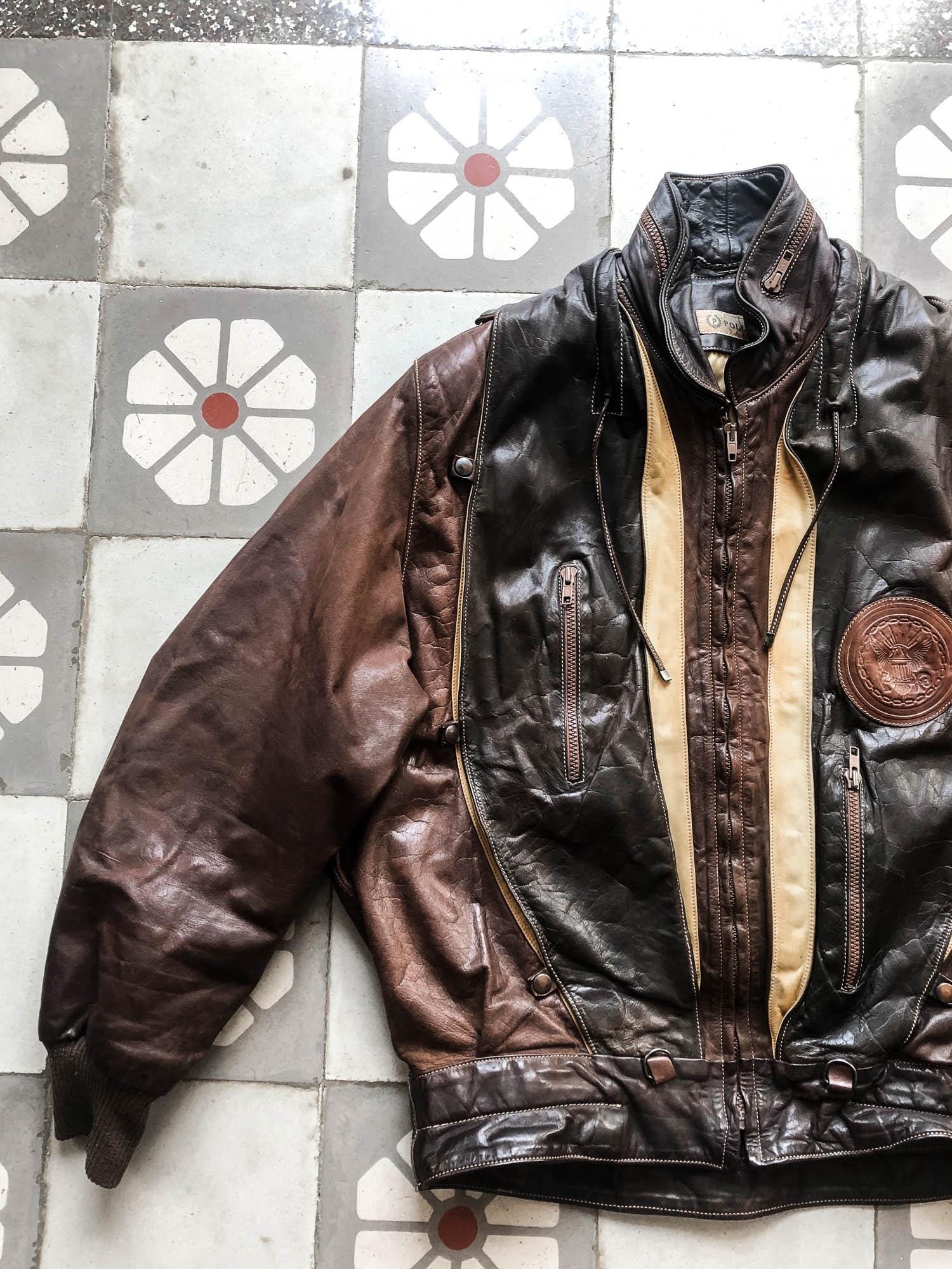 Pleated Leather Bomber 1980s . Tactical Pollini Italy Boxy Leather ...