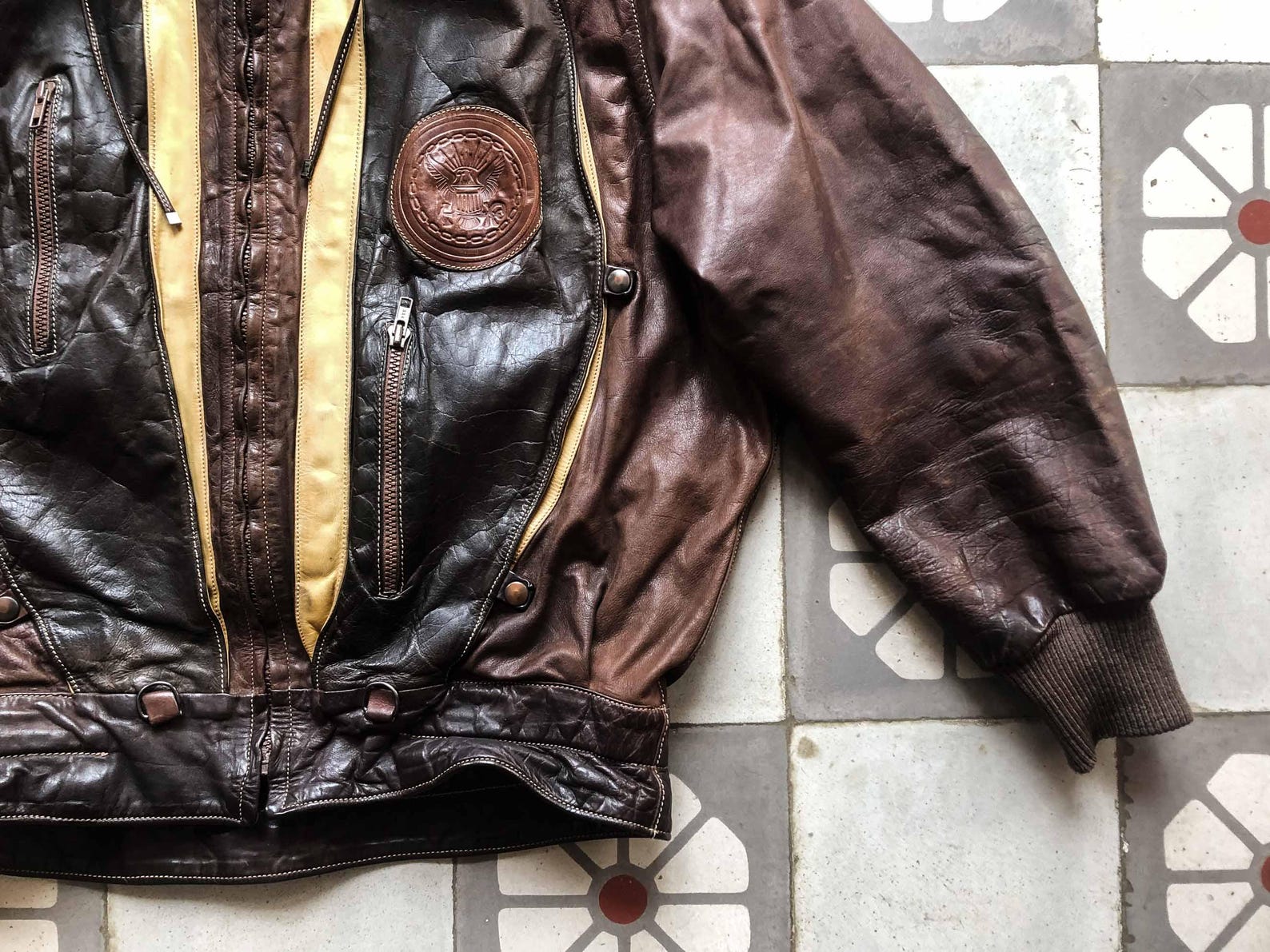 Pleated Leather Bomber 1980s . Tactical Pollini Italy Boxy Leather ...