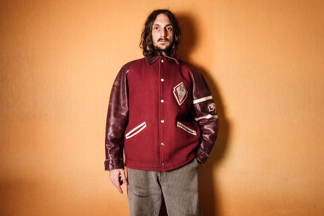 1960s Wool Leather Jacket . Wine Red College Varsity Jacket . Retro ...
