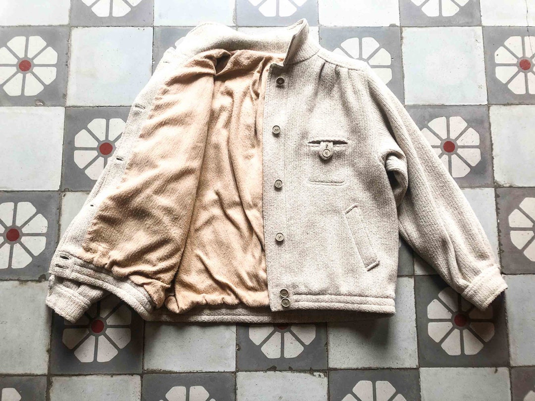 Speckled Wool Bomber Jacket 70s Rustic Cream Winter Jacket Outerwear ...